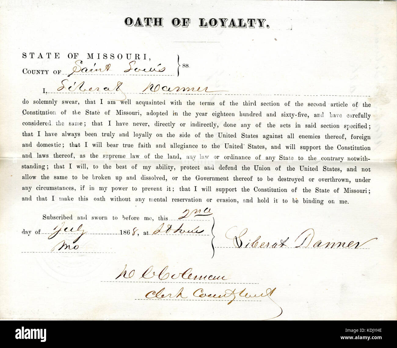 The loyalty oath of Siberat Danner, a historical document from St ...