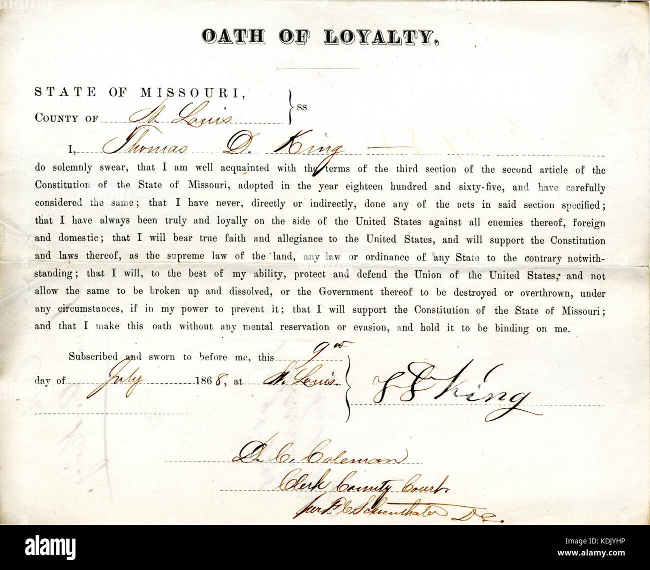 Loyalty oath of Thomas D. King of Missouri, County of St. Louis Stock ...