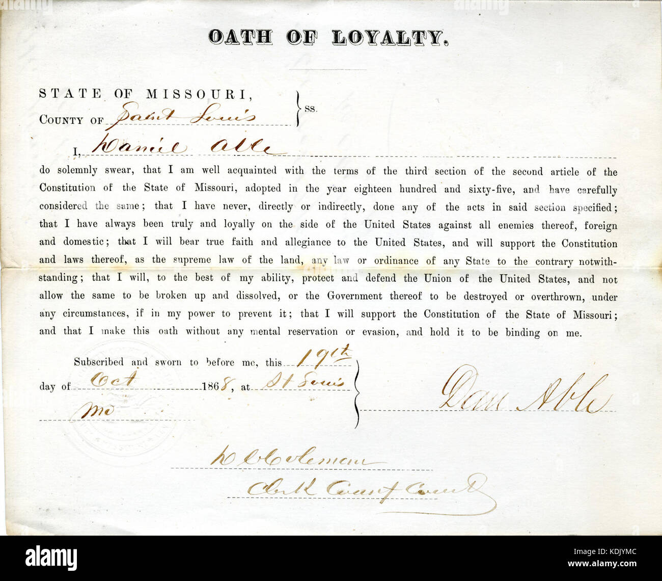 Loyalty oath of Daniel Able of Missouri, County of St. Louis Stock ...