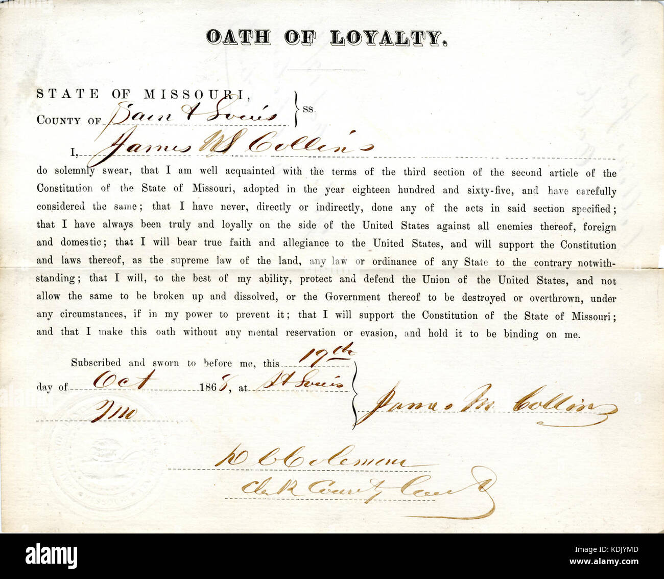 Loyalty oath of James M. Collins of Missouri, County of St. Louis Stock ...
