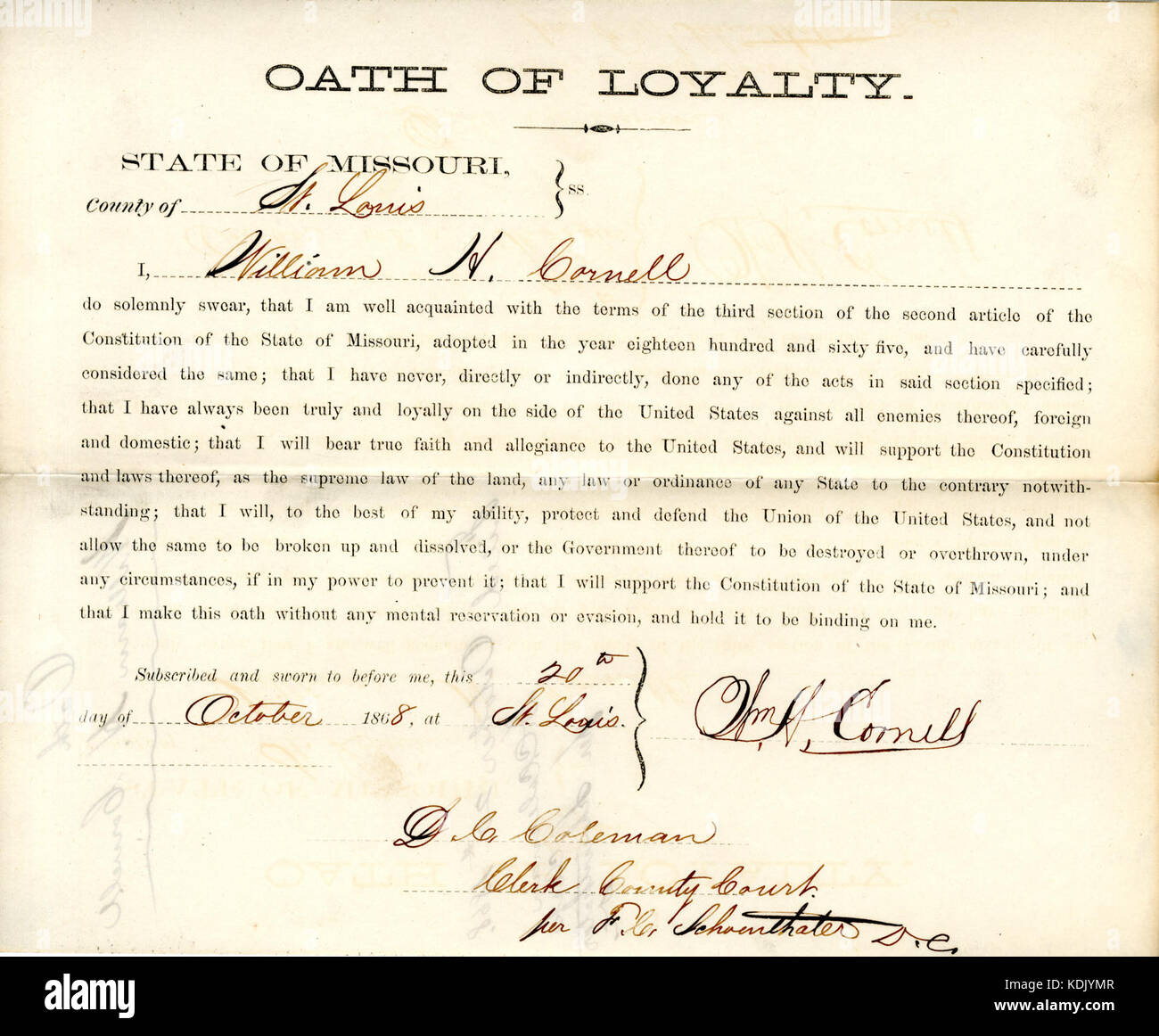 Loyalty oath of William H. Cornell of Missouri, County of St. Louis ...