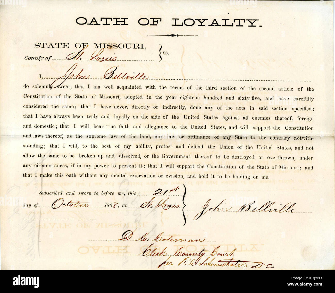 This document contains the loyalty oath of John Bellville, taken in ...