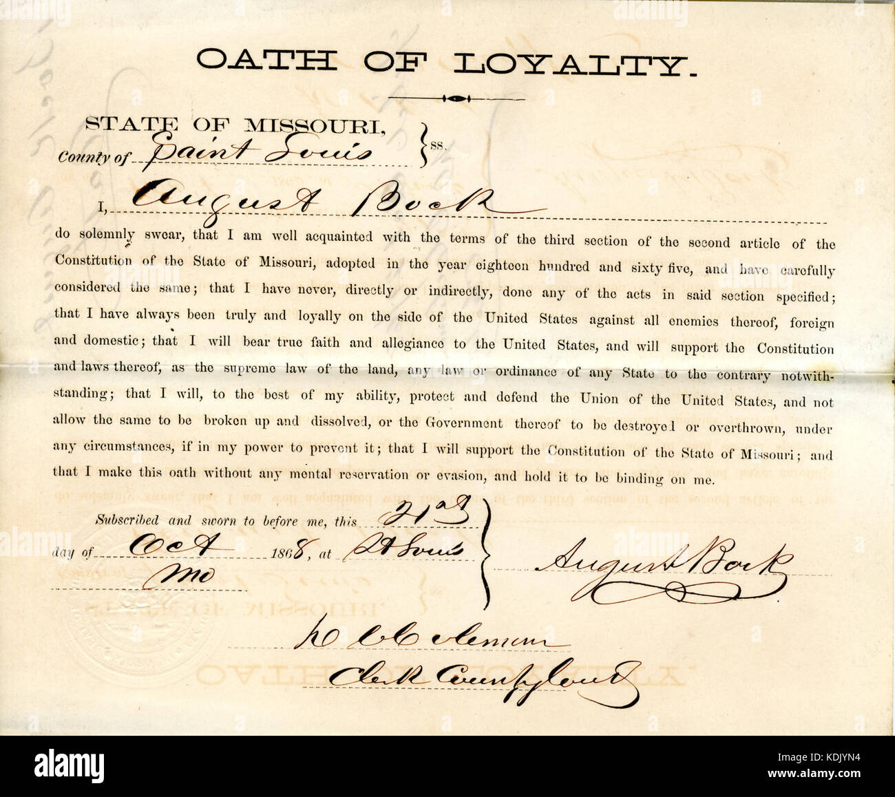 Loyalty oath of August Bock of Missouri, County of St. Louis Stock ...