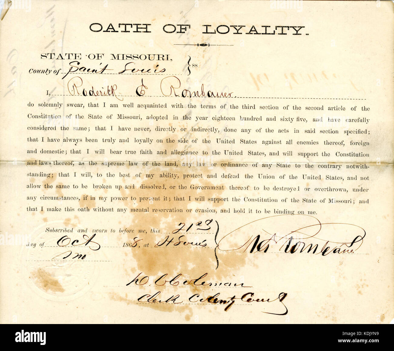 Loyalty oath of Roderick E. Rombauer of Missouri, County of St. Louis ...