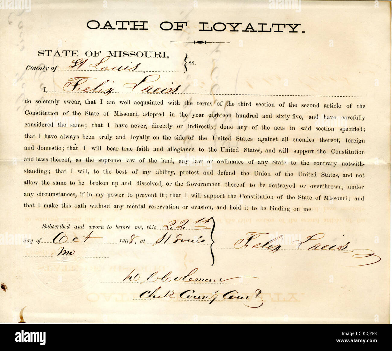 Loyalty oath of Felix Laeis of Missouri, County of St. Louis Stock ...