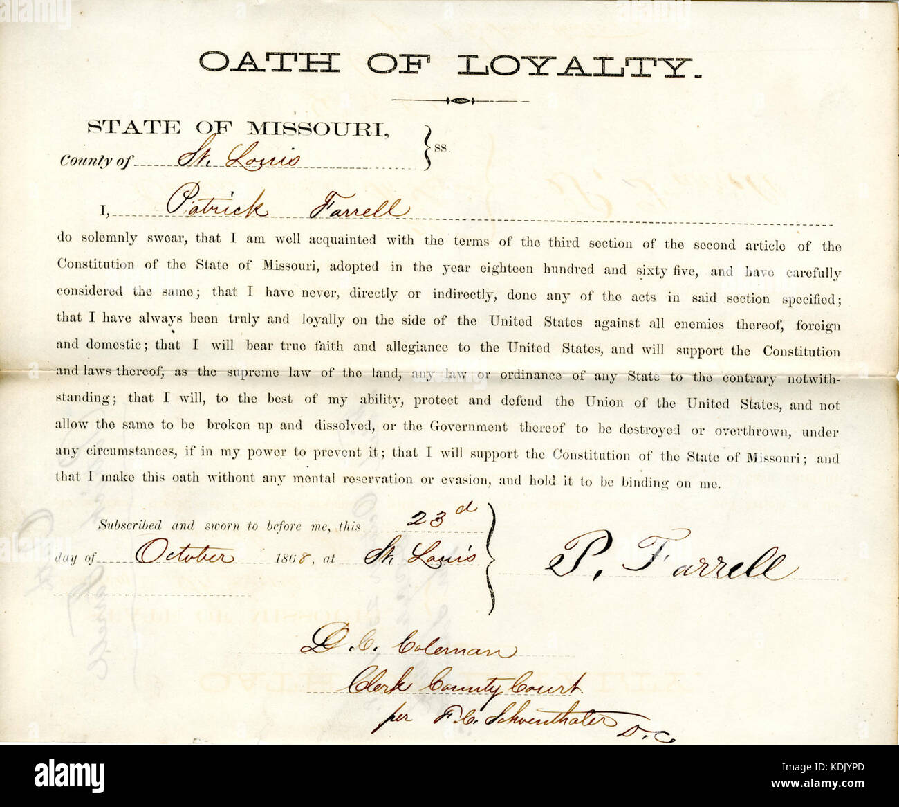 Loyalty oath of Patrick Farrell of Missouri, County of St. Louis Stock ...