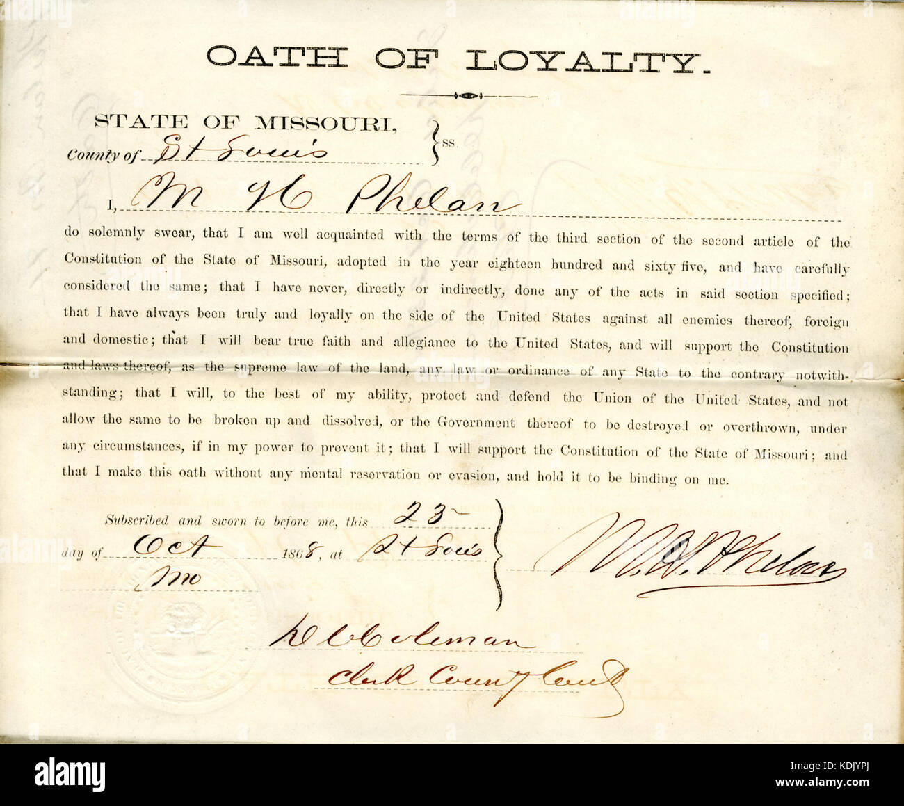 Loyalty oath of M. H. Phelan of Missouri, County of St. Louis Stock ...