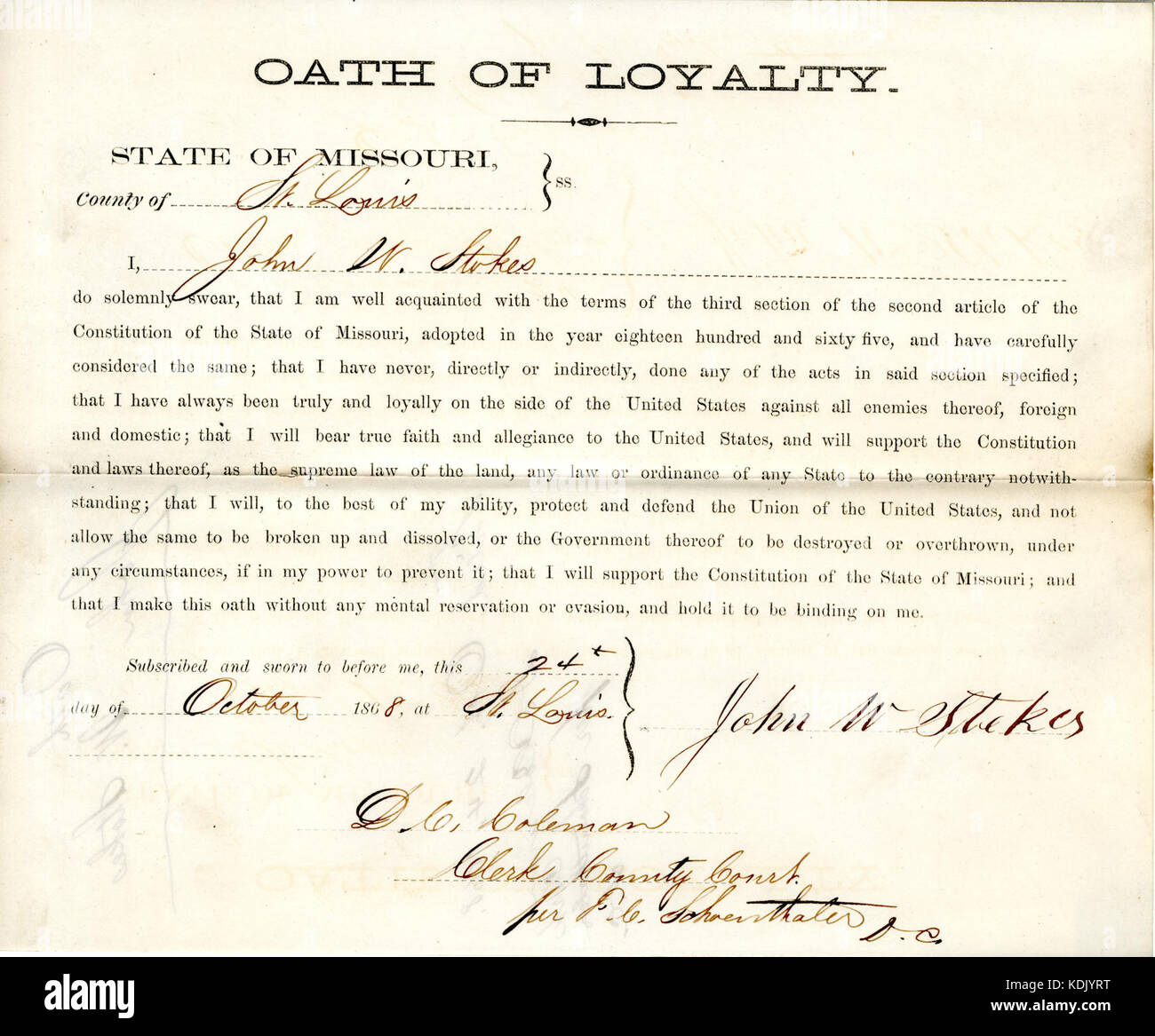 Loyalty oath of John W. Stokes of Missouri, County of St. Louis Stock ...
