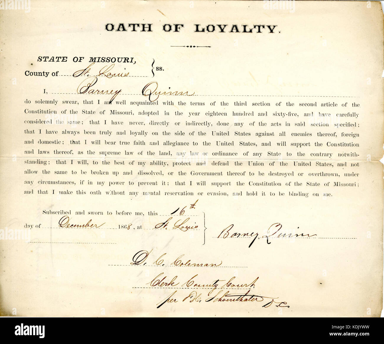 Loyalty oath of Barney Quinn of Missouri, County of St. Louis Stock ...