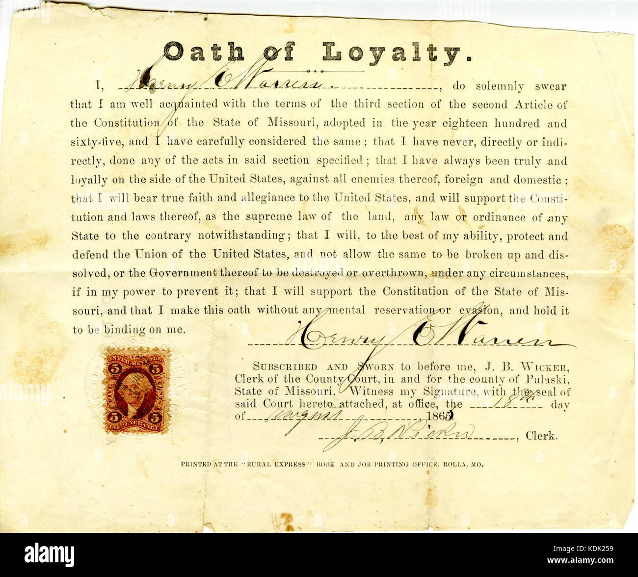 Loyalty oath of Henry E. Warren, August 18, 1865 Stock Photo - Alamy