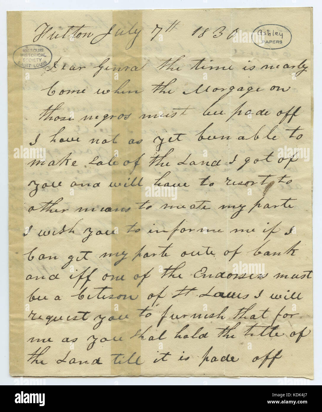 Letter signed Thomas Griffin, Fulton, Mo., to General Ashley, July 7 ...