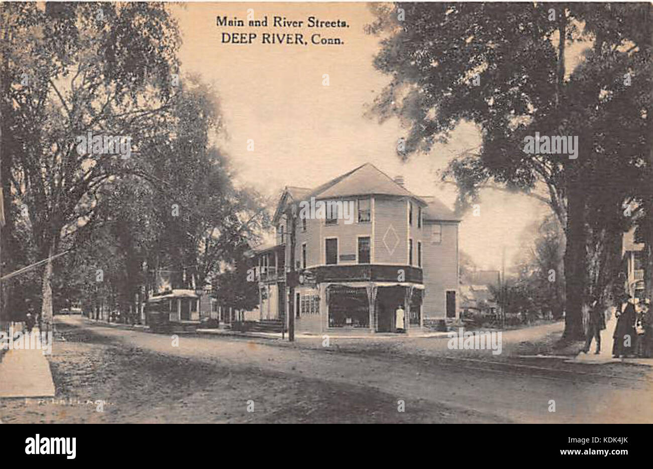 Main and River streets in Deep River with trolley postcard Stock Photo ...