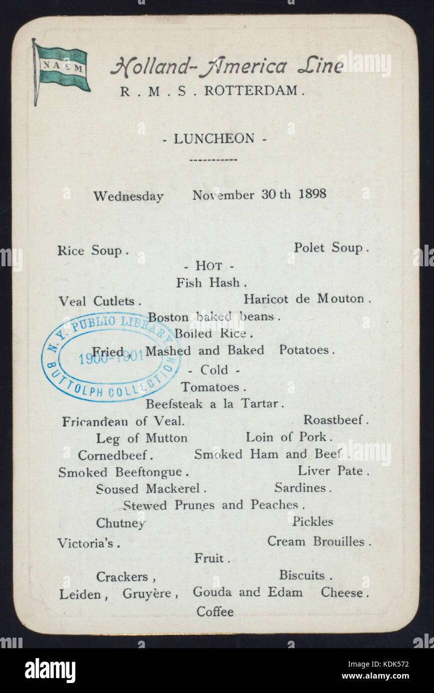 LUNCHEON MENU (held by) HOLLAND AMERICAN LINE (at) R.M.S. ROTTERDAM (SS ...