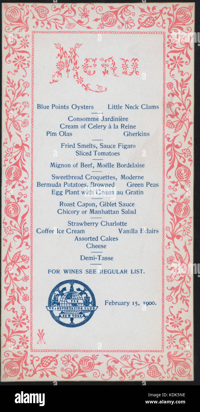 MENU (held by) TRANSPORTATION CLUB NEW YORK (at) (NYPL Hades 272790 ...