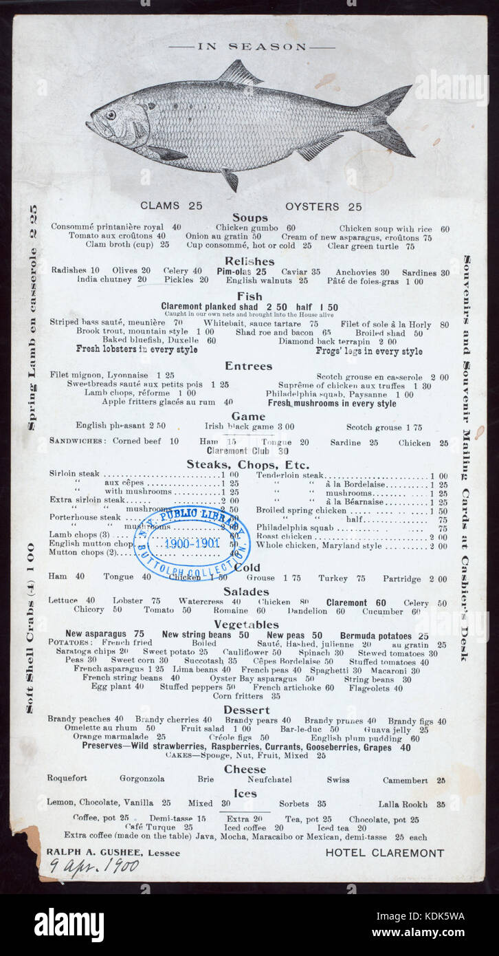 MENU (held by) CLAREMONT HOTEL (at) (HOTEL;) (NYPL Hades 273439 466854 ...