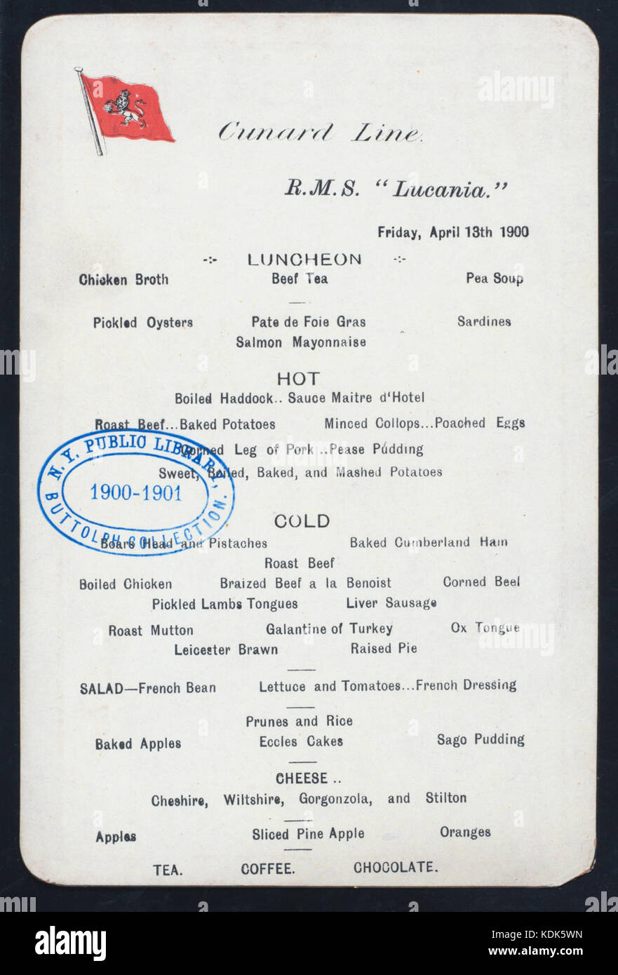 Menu from a luncheon hosted by the Cunard Line aboard the RMS Lucania ...