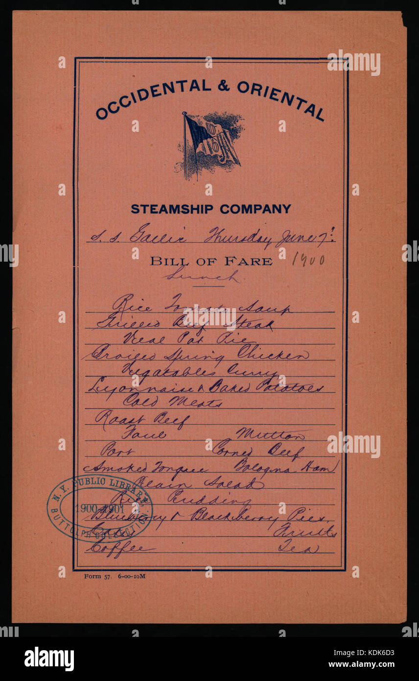 LUNCH (held by) OCCIDENTAL & ORIENTAL STEAMSHIP CO. (at) SS GAELIC (SS ...