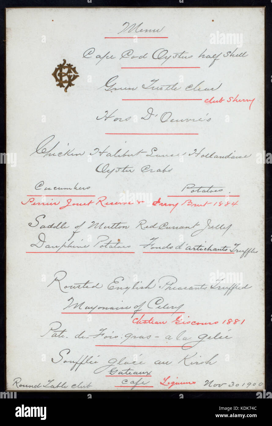 A menu held by the Round Table Club, likely representing a historical ...