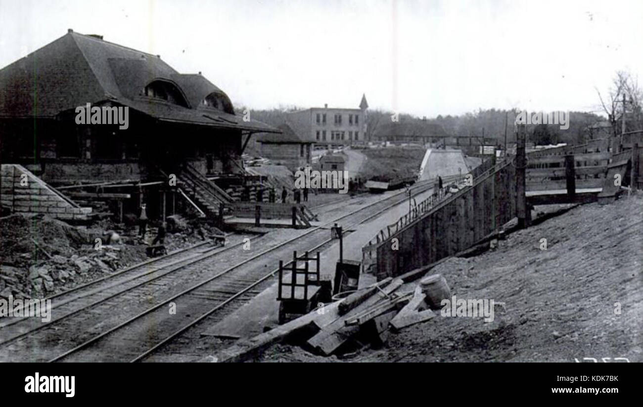 Newton Centre station during grade crossing elimination Stock Photo - Alamy