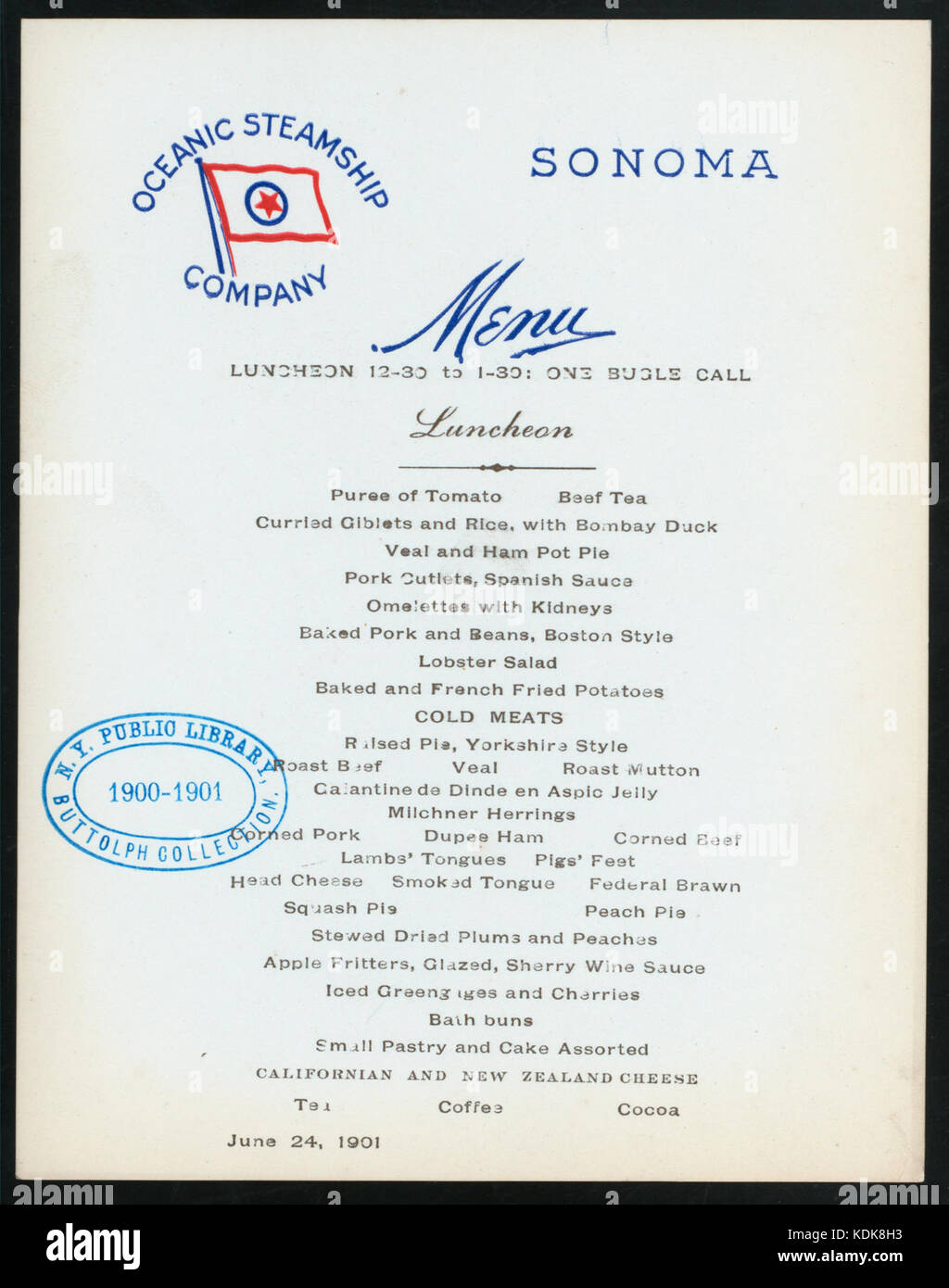 This lunch menu from the Oceanic Steamship Company aboard the SS Sonoma ...
