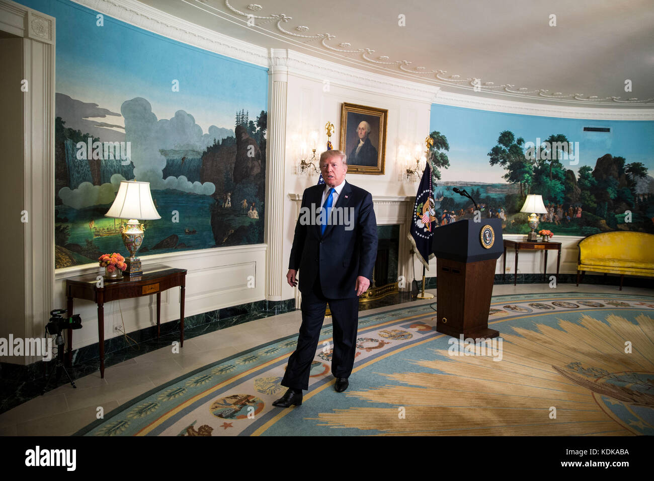 United States President Donald J. Trump departs following delivering a ...