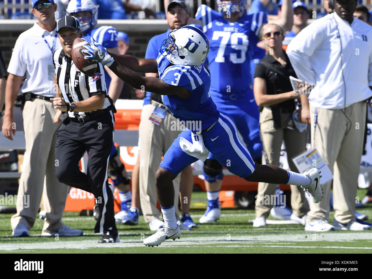 Durham, North Carolina, USA. 14th Oct, 2017. T.J. Rahming (3) of Duke ...