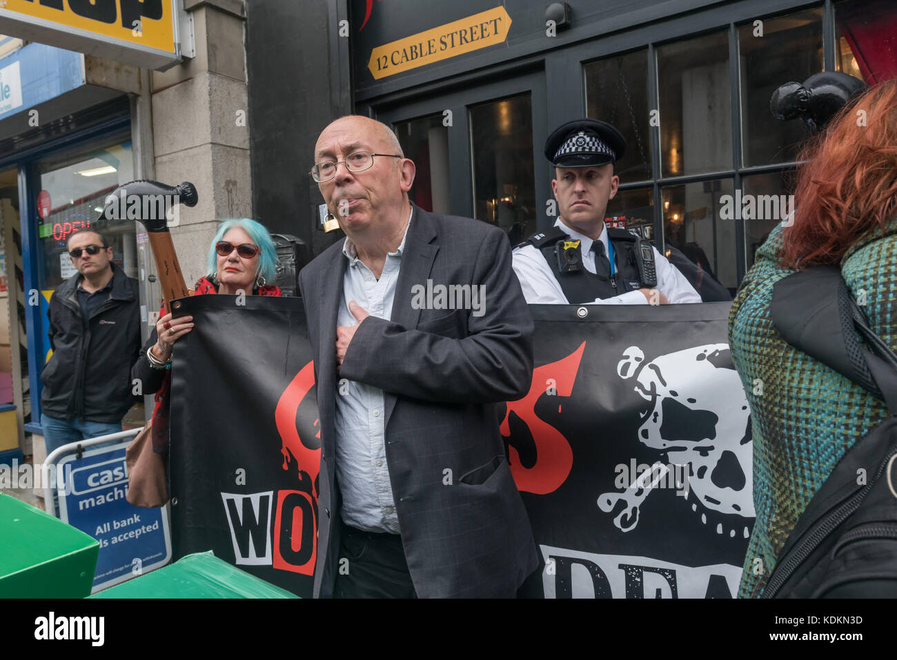 London, UK. 14th October 2017. Ian Bone announces that Class War have ...