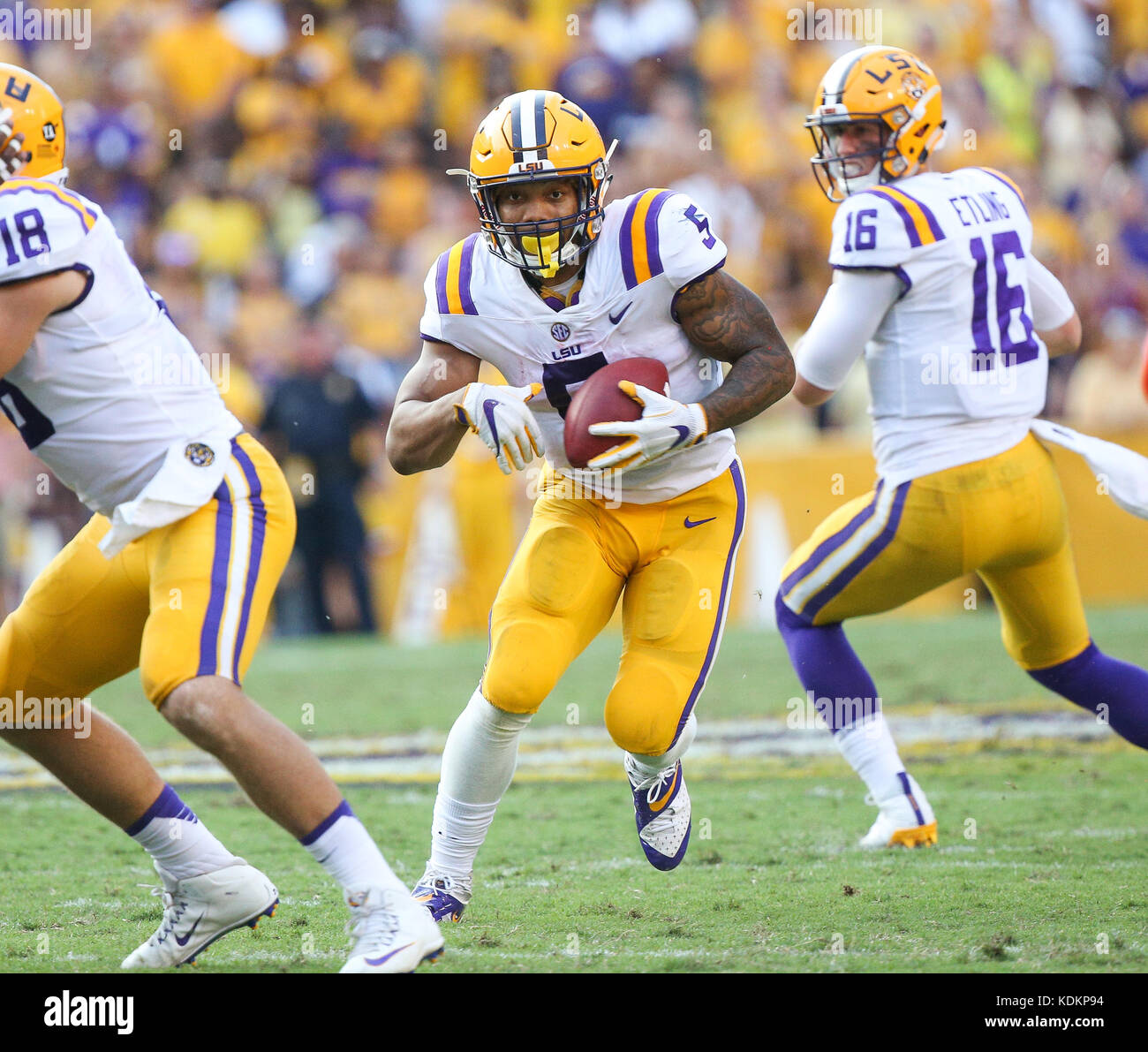 Baton Rouge, LA, USA. 14th Oct, 2017. LSU RB Derrius Guice #5 runs ...