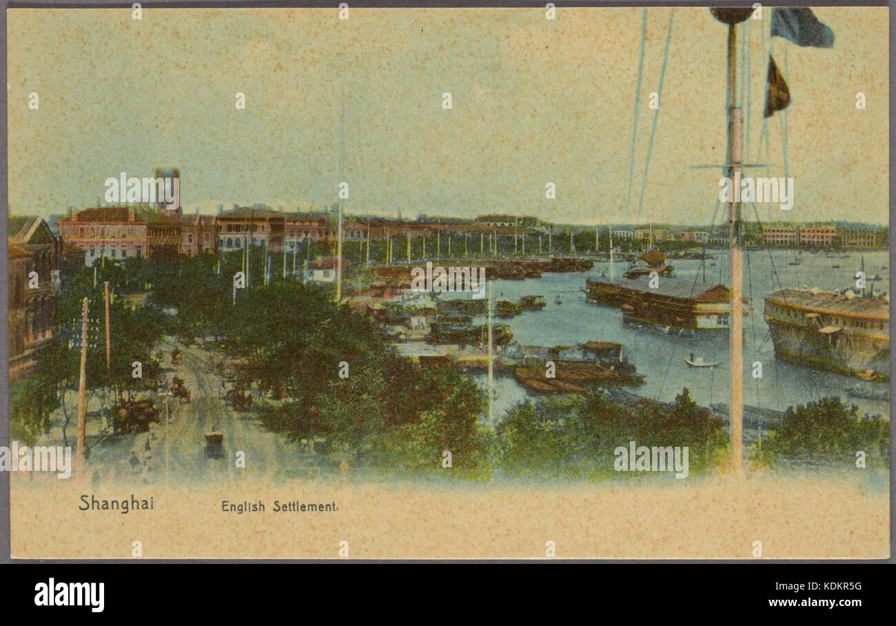 This image depicts the English settlement in Shanghai, showcasing the ...