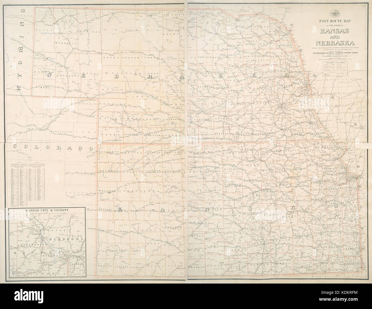 Post route map of the states of Kansas and Nebraska showing post ...