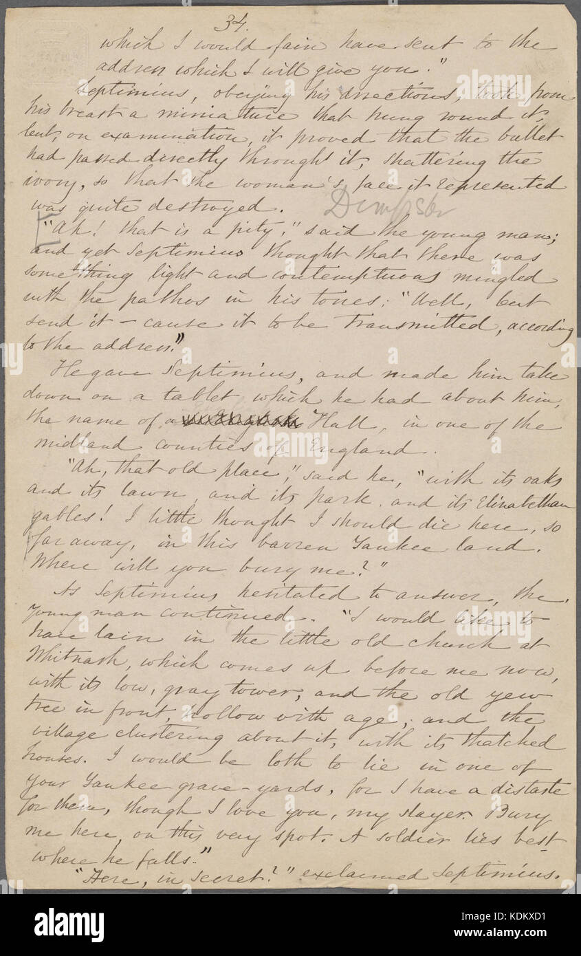 A manuscript of 'Septimius Felton: A Romance', an incomplete work by Nathaniel Hawthorne, with ...