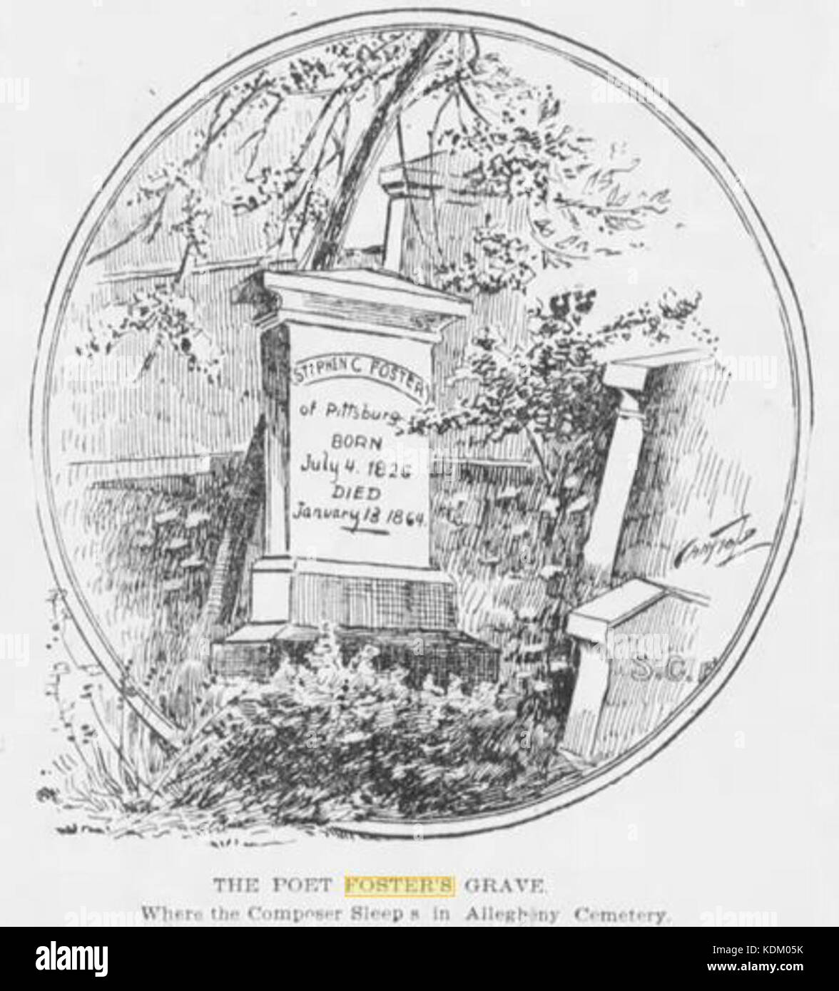 Illustration of SC Foster headstone in Alleghney cemetery 1900 monumen ...