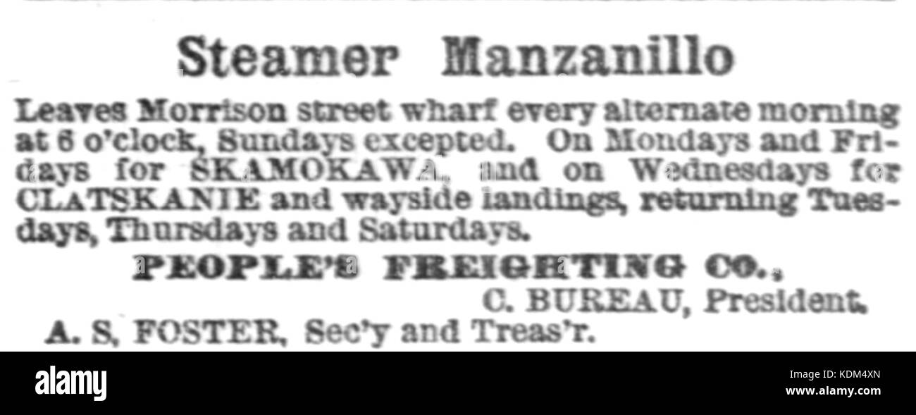 Manzanillo (sternwheeler) ad 10 August 1885 Stock Photo - Alamy
