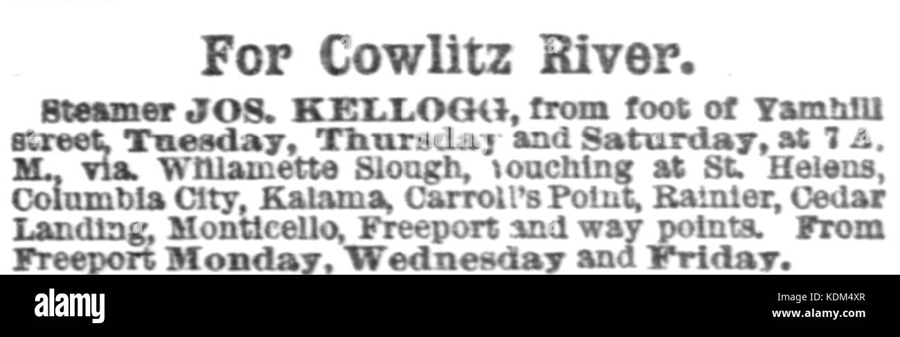 Joseph Kellogg (sternwheeler) ad 10 August 1885 Stock Photo - Alamy