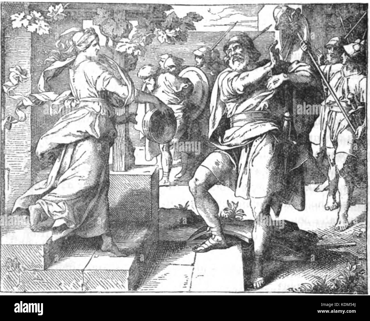 A biblical scene depicting Jephthah meeting his daughter, as described ...