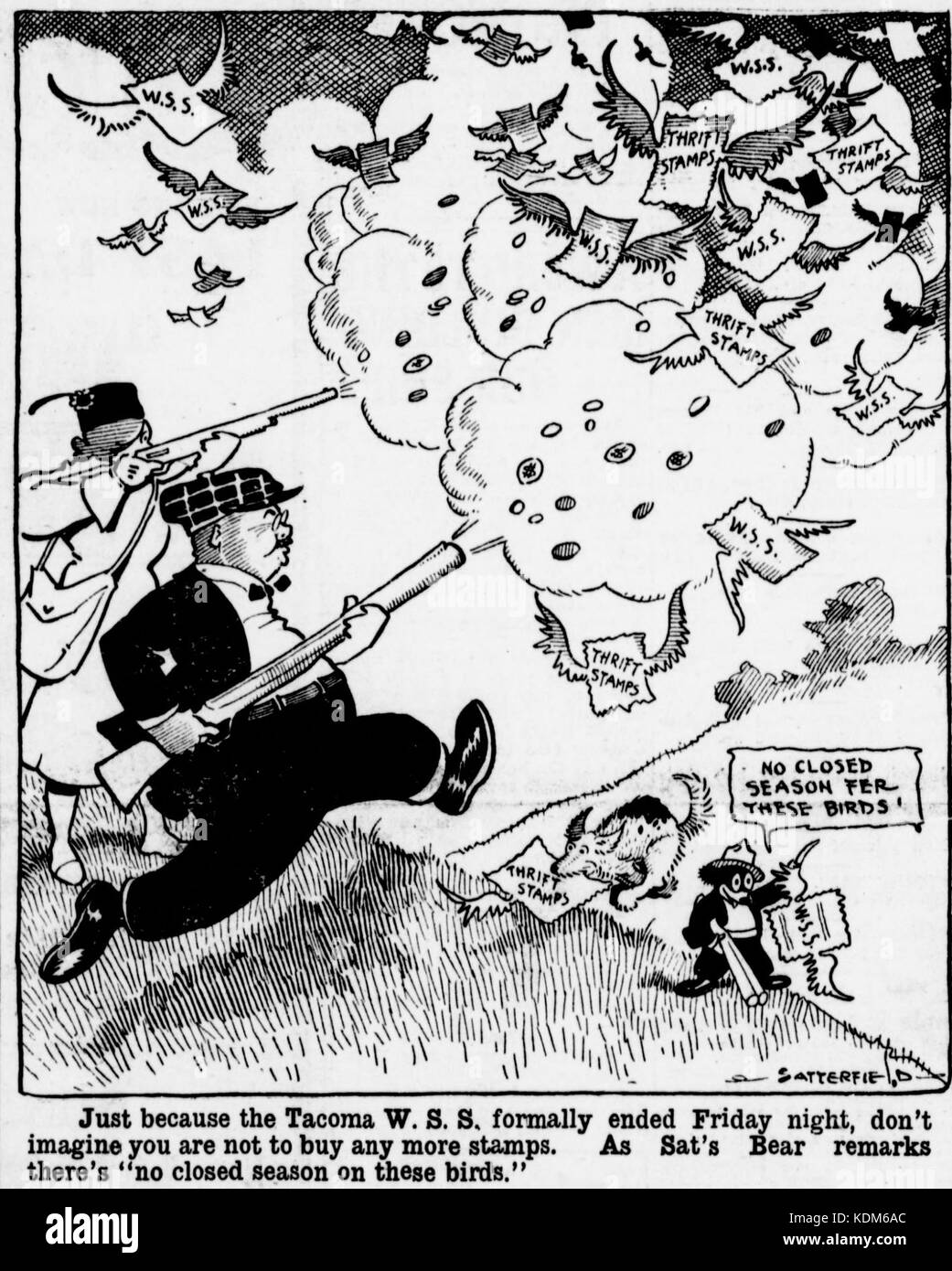 Satterfield cartoon about hunting for thrift stamps Stock Photo - Alamy