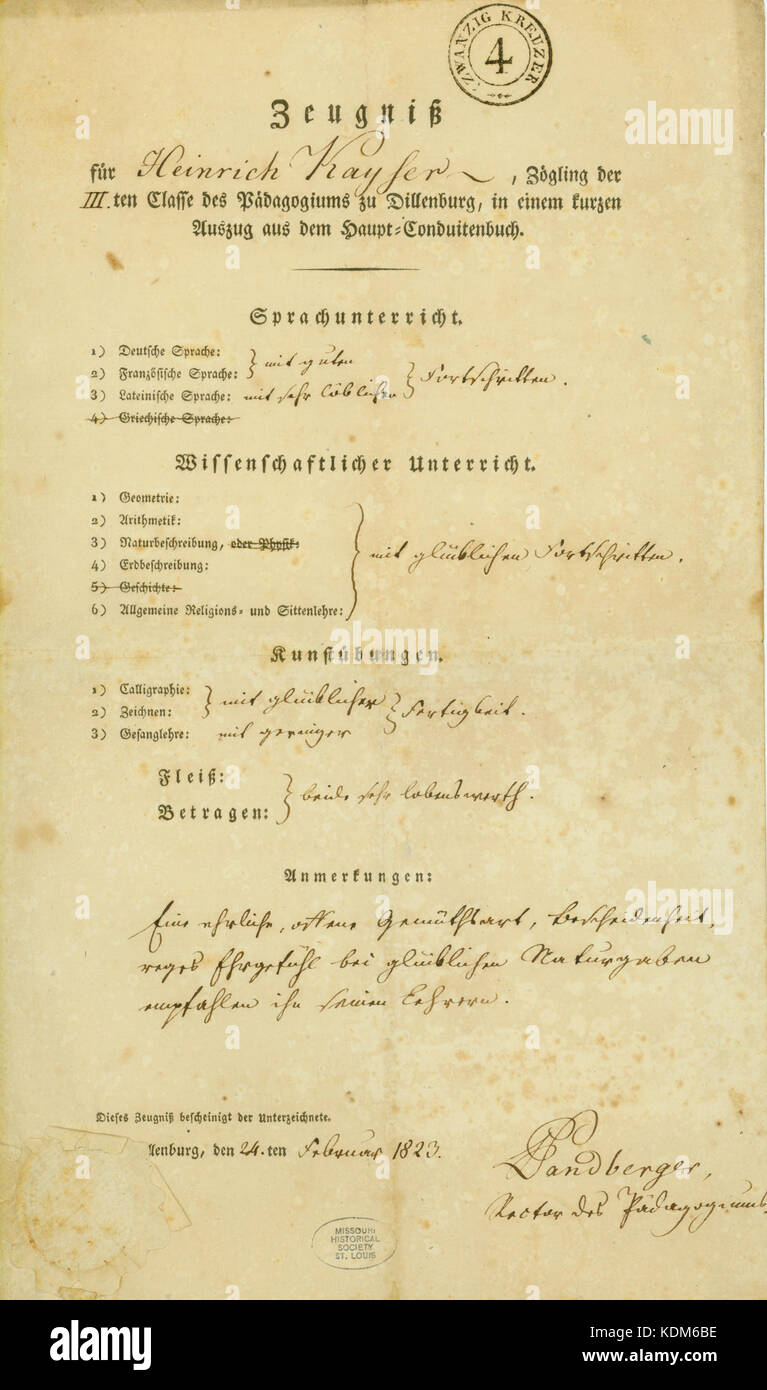 Naturalization paper for Henry Kayser, April 29, 1839 Stock Photo - Alamy