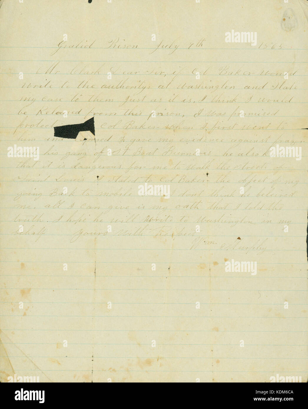 Letter signed Wm. Murphy (William Murphy), Gratiot Prison, to Mr. Clark ...