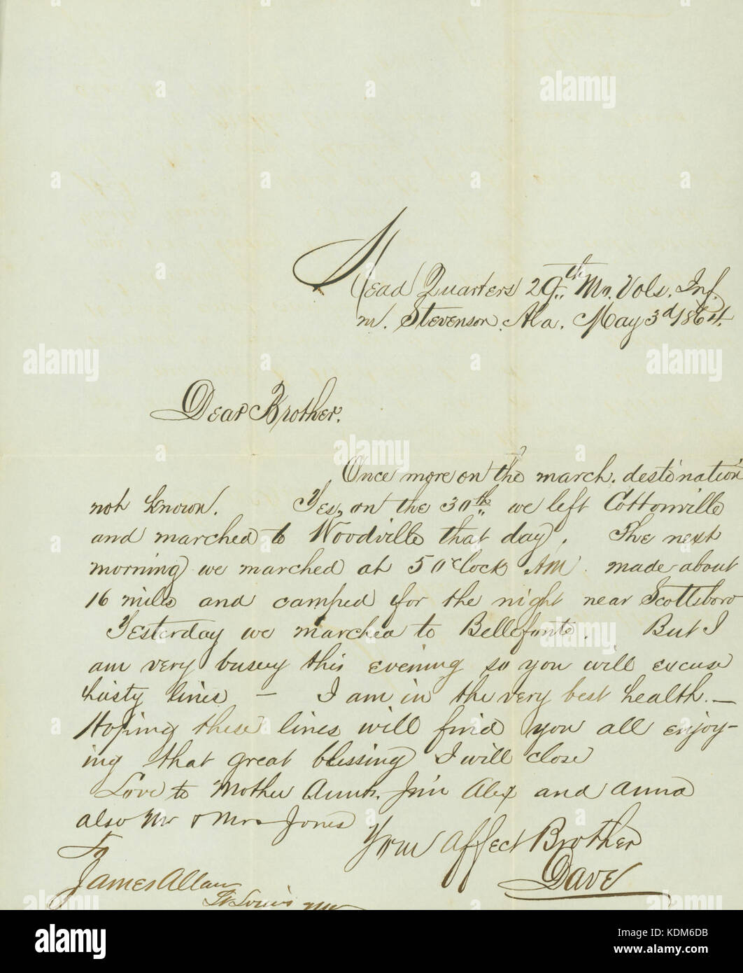 Letter signed Dave (David Allan, Jr.), Head Quarters 29th Mo. Vols. Inf ...