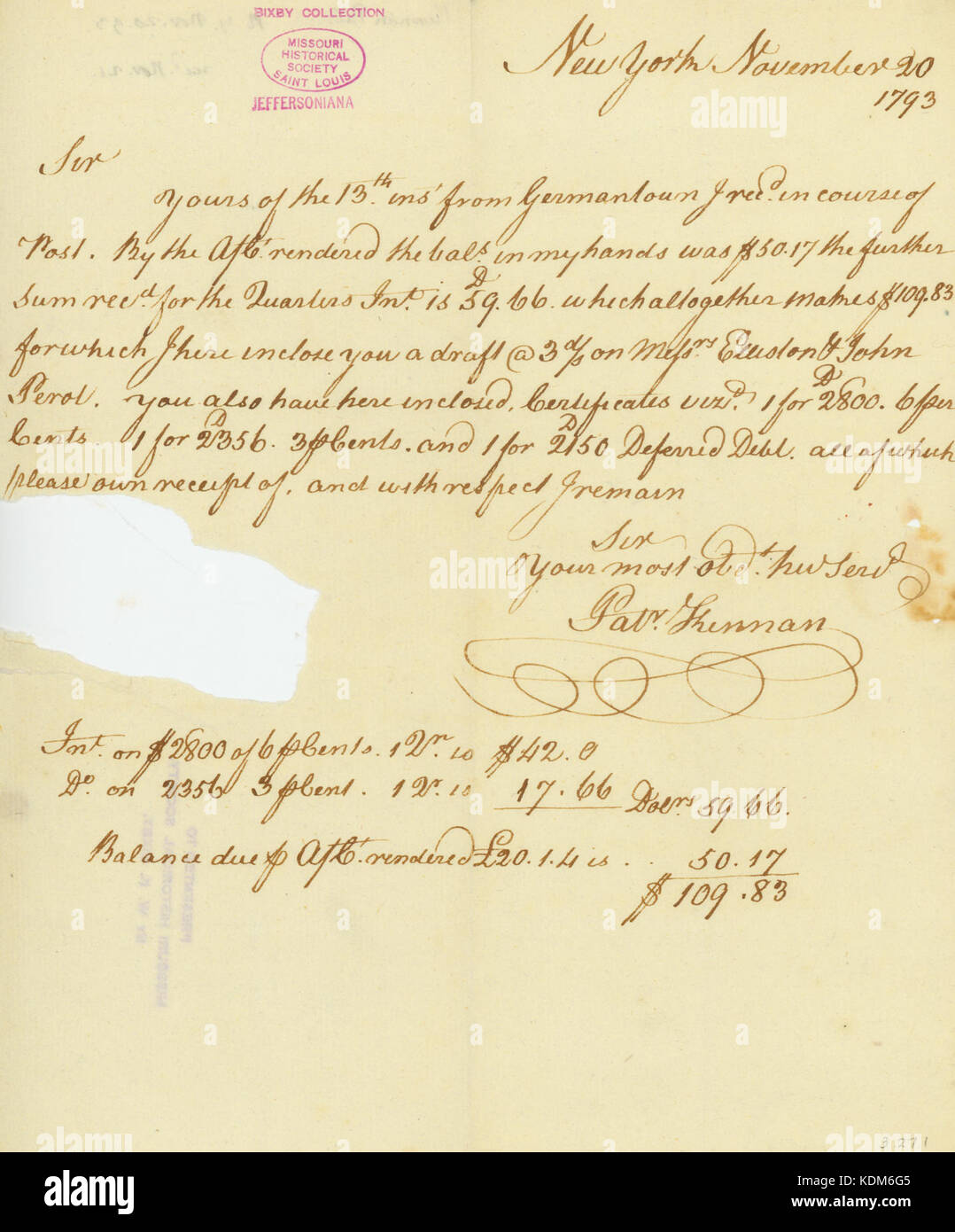 Letter signed Patrick Kennan, New York, to Thomas Jefferson, November ...