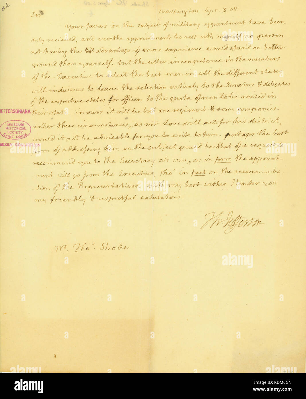 Letter signed Thomas Jefferson, Washington, to Thomas Strode, April 3 ...