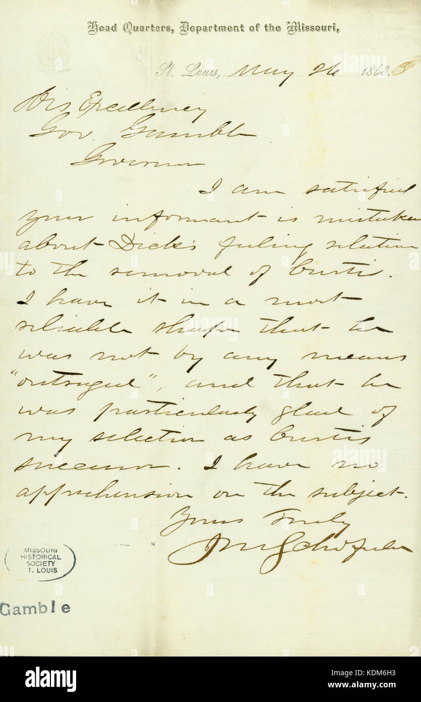Letter signed J.M. Schofield, Head Quarters, Department of the Missouri ...
