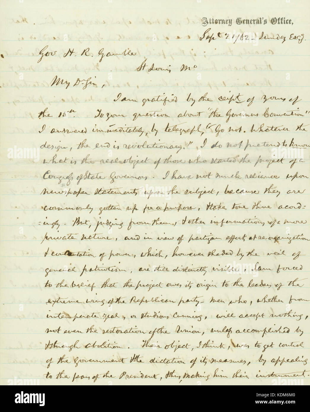 Letter signed Edw. Bates (Edward Bates), Attorney General's Office, to ...