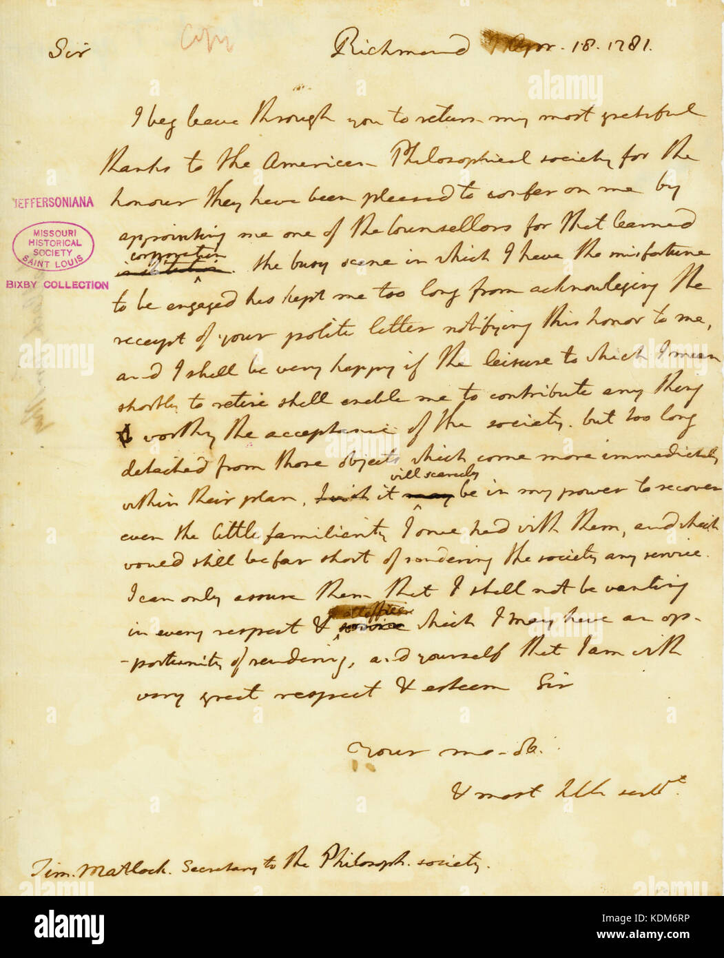 Letter signed Thomas Jefferson, Richmond, to Timothy Matlock, April 18 ...