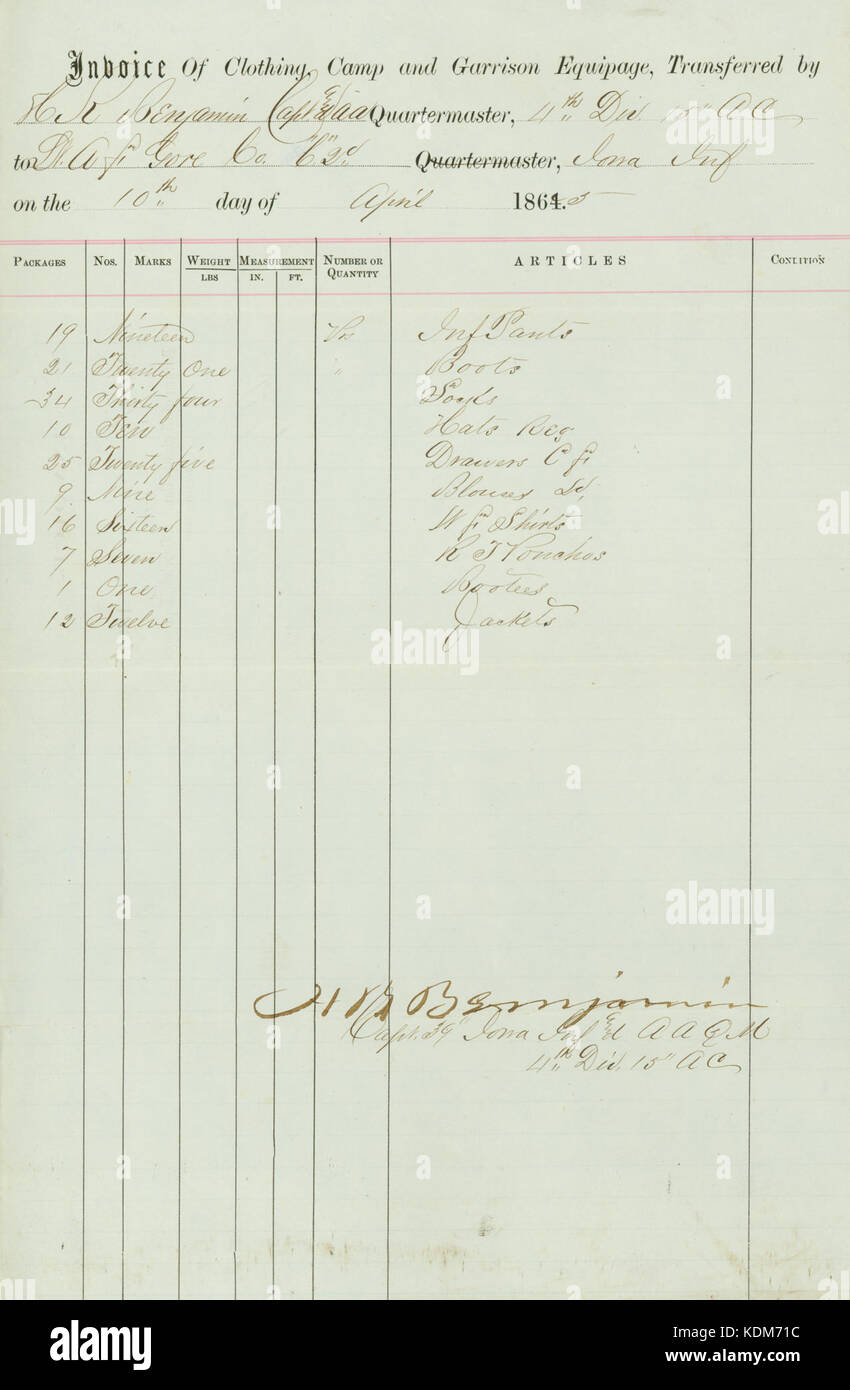 Invoice of clothing, camp and garrison equipage, signed H.R. Benjamin ...