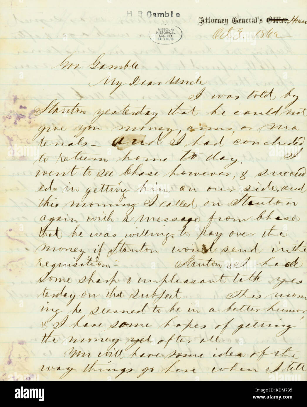Letter signed C. Gibson, Attorney General's House, to Gov. Gamble ...