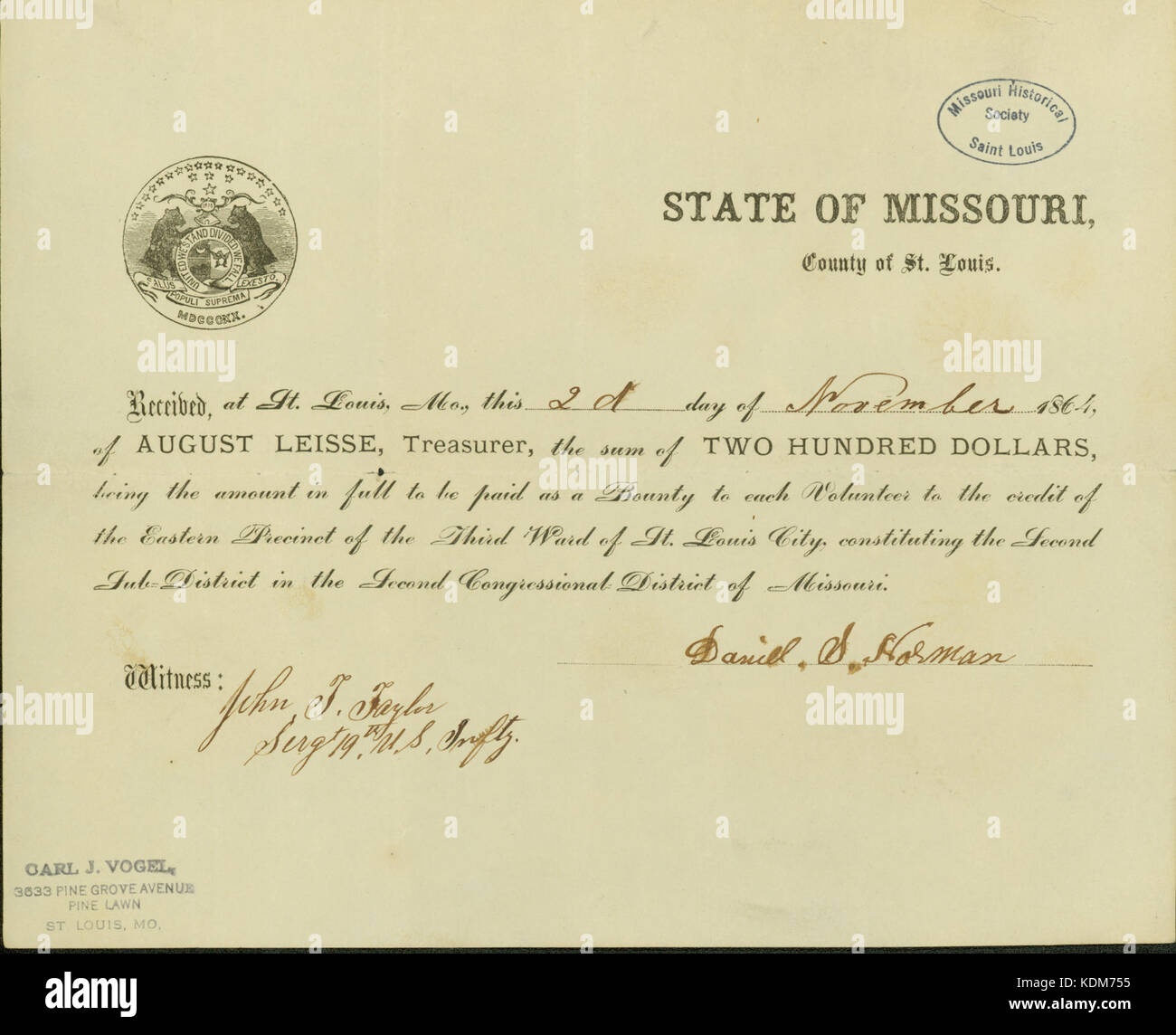Receipt for bounty, State of Missouri, County of St. Louis, signed ...