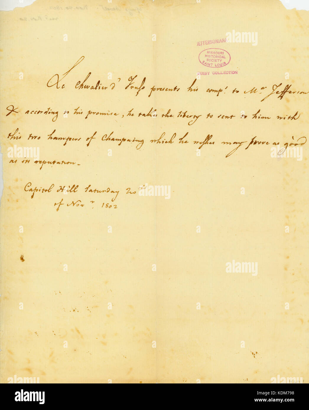 Letter from Le Chevalier d'Yrujo, Capitol Hill, to Thomas Jefferson ...