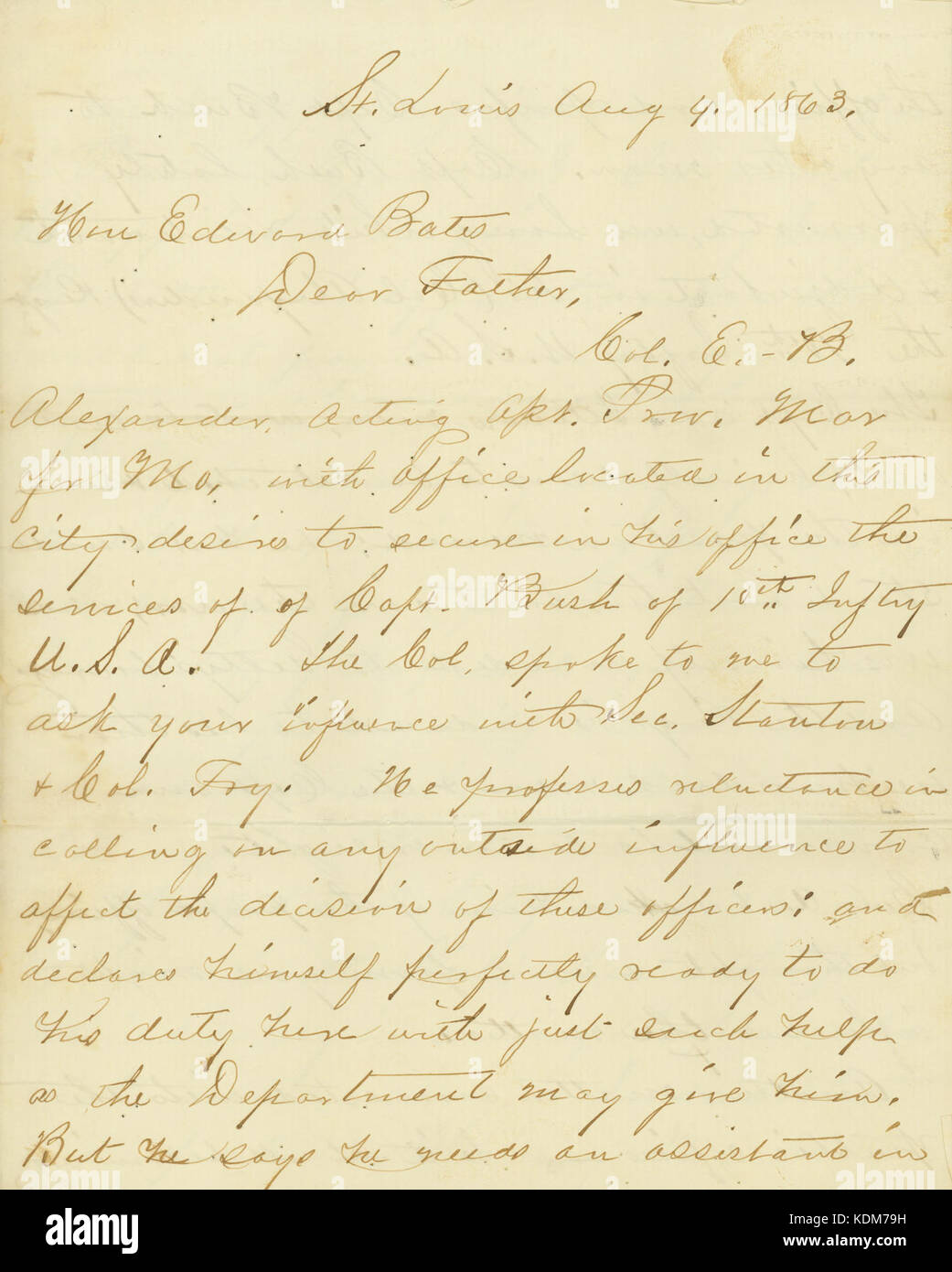 Letter signed Julian Bates, St. Louis, to his father Hon. Edward Bates ...