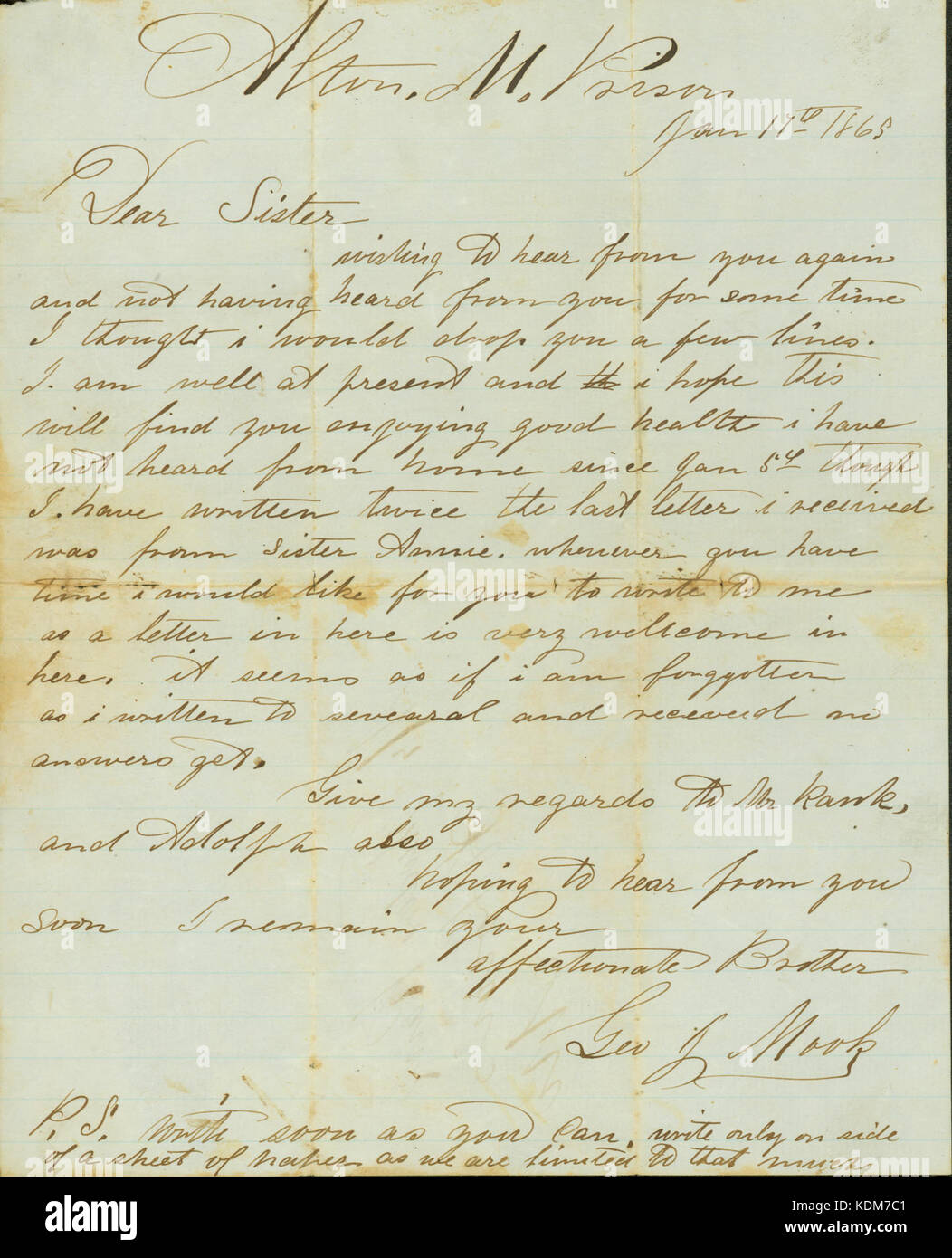 Letter from George J. Mook, Alton M. Prison, to his sister, January 17 ...
